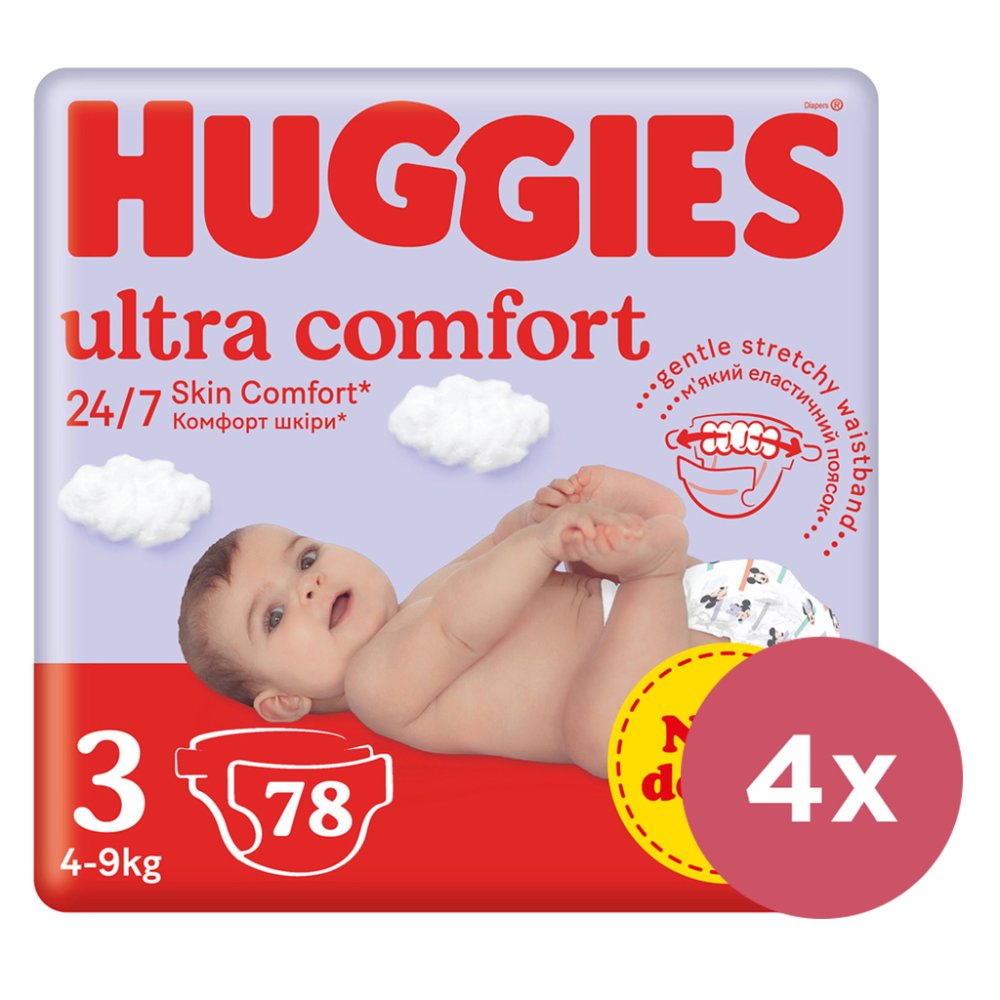 4x HUGGIES® Ultra Comfort Mega Pack Size 3 (4-9 kg) 78 Nappies ...