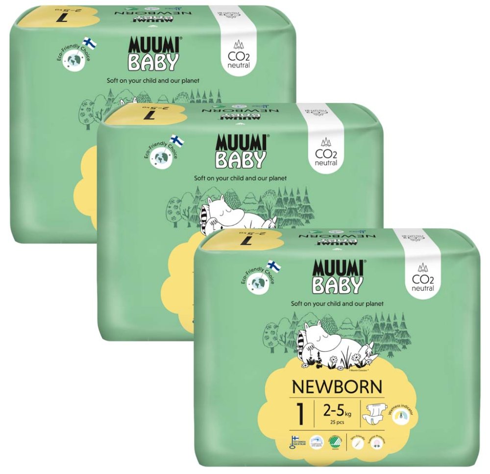 MUUMI Baby 1 Recién Nacido 2-5 kg (75 uds), pack mensual de pañales eco ...
